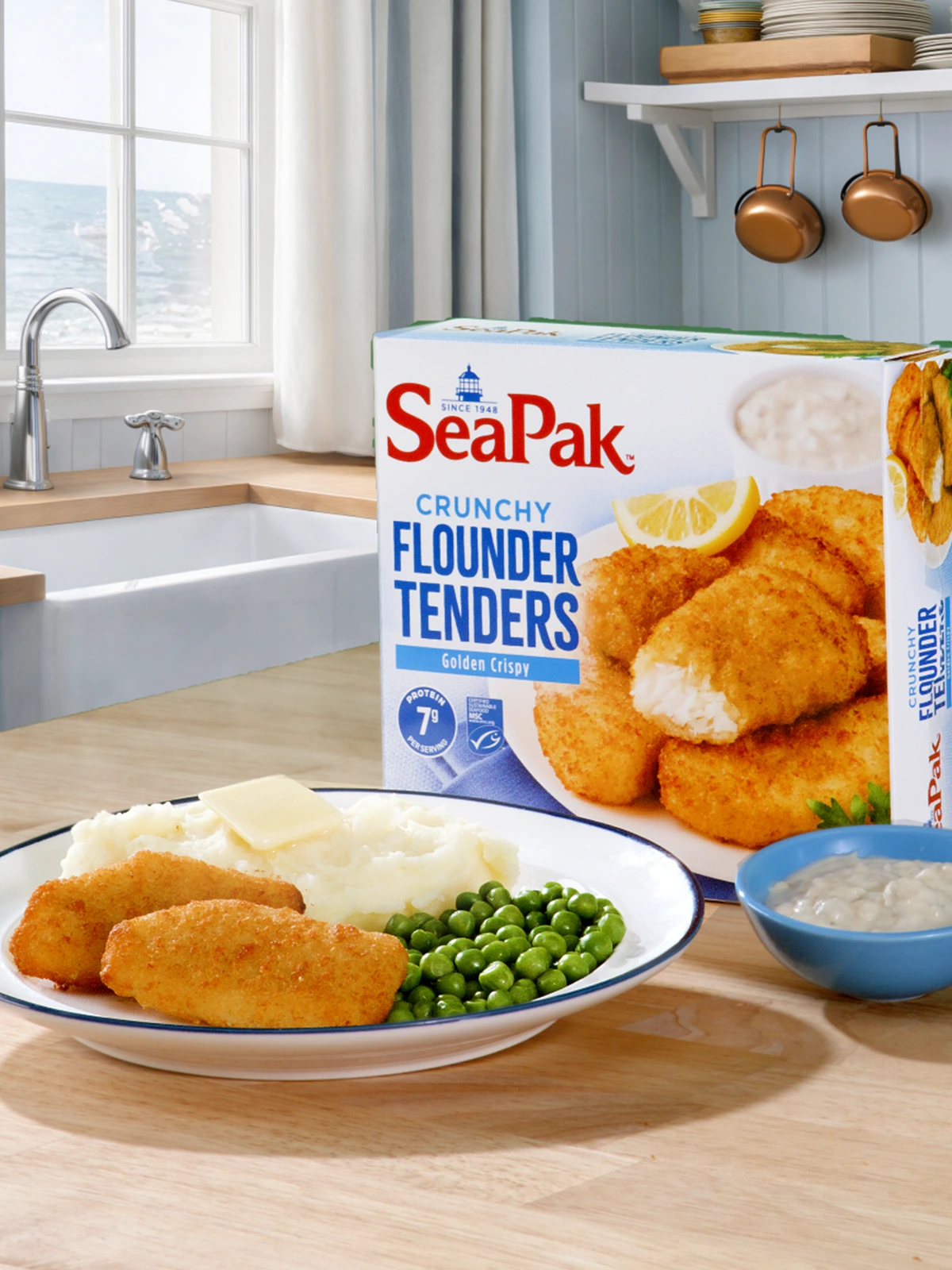 Seapak Flounder Tenders with Mash and Peas Recipe | SeaPak